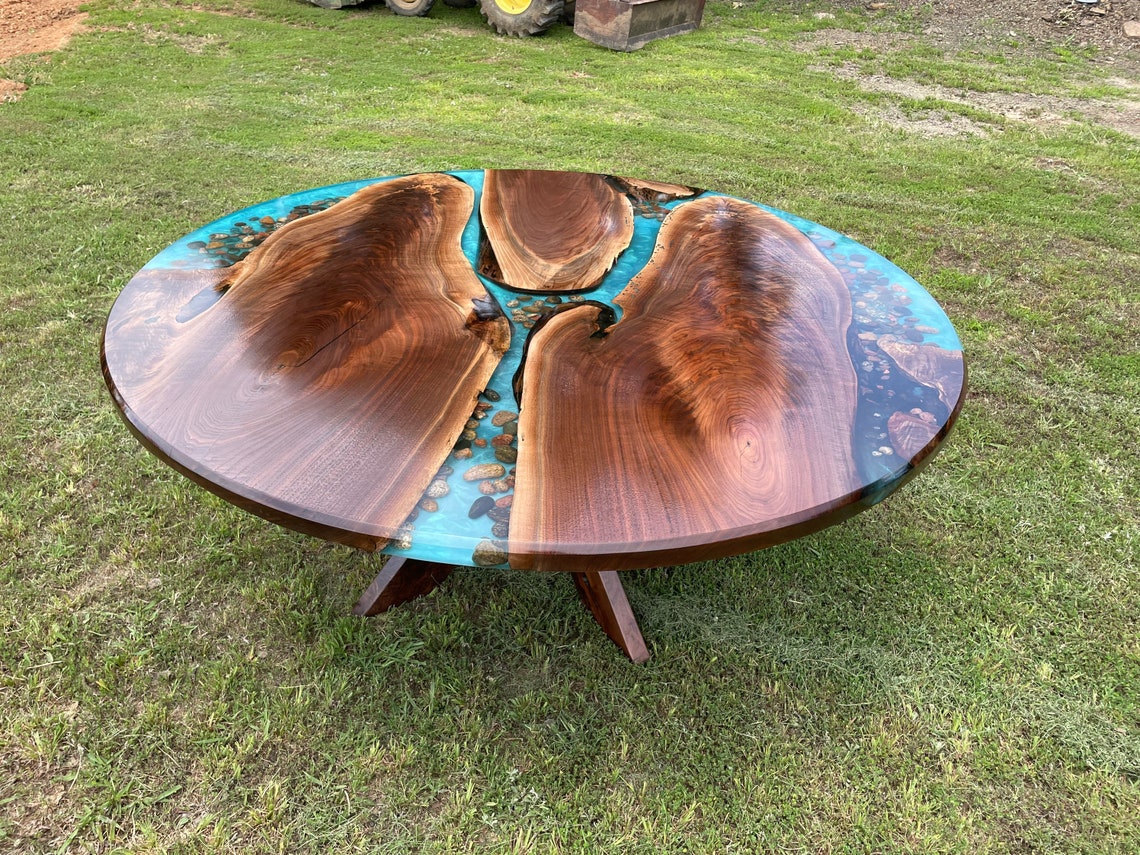 Stunning Large Round River Table With Stone Rock Live Edge Dining - Etsy