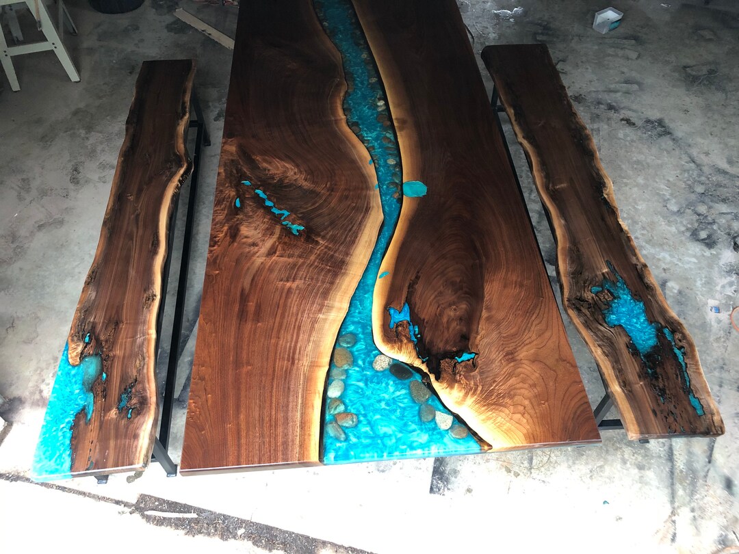 Live Edge River Table With Matching Benches Walnut Dining Stone Rocks ...