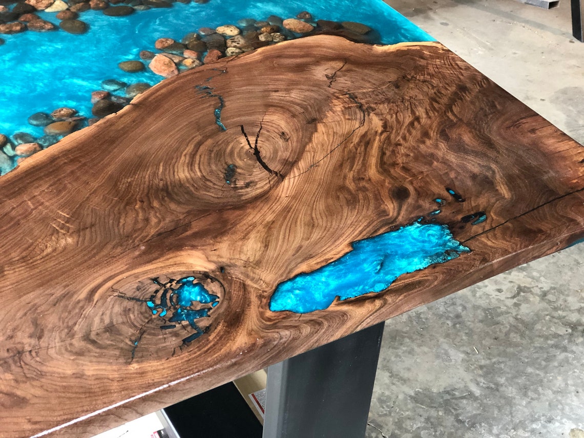 Walnut Live Edge River Table With Stone Dining Rocks - Etsy