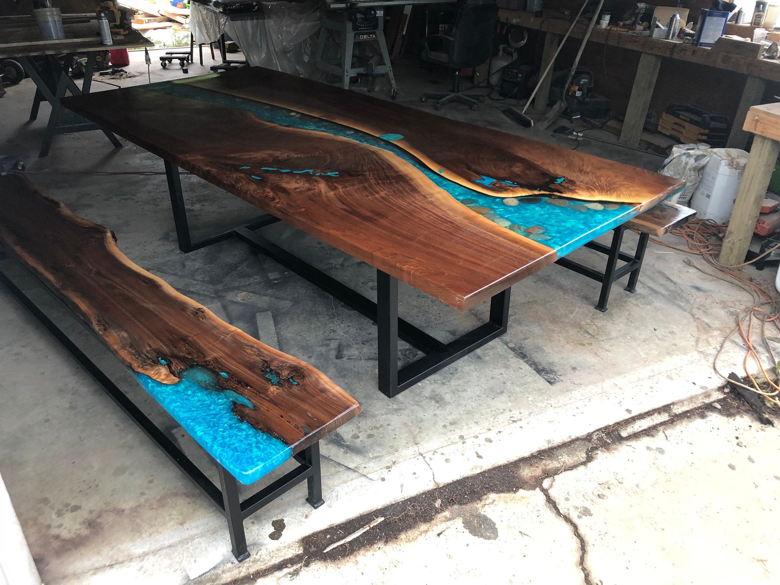 Live Edge River Table With Matching Benches Walnut Dining Stone Rocks ...