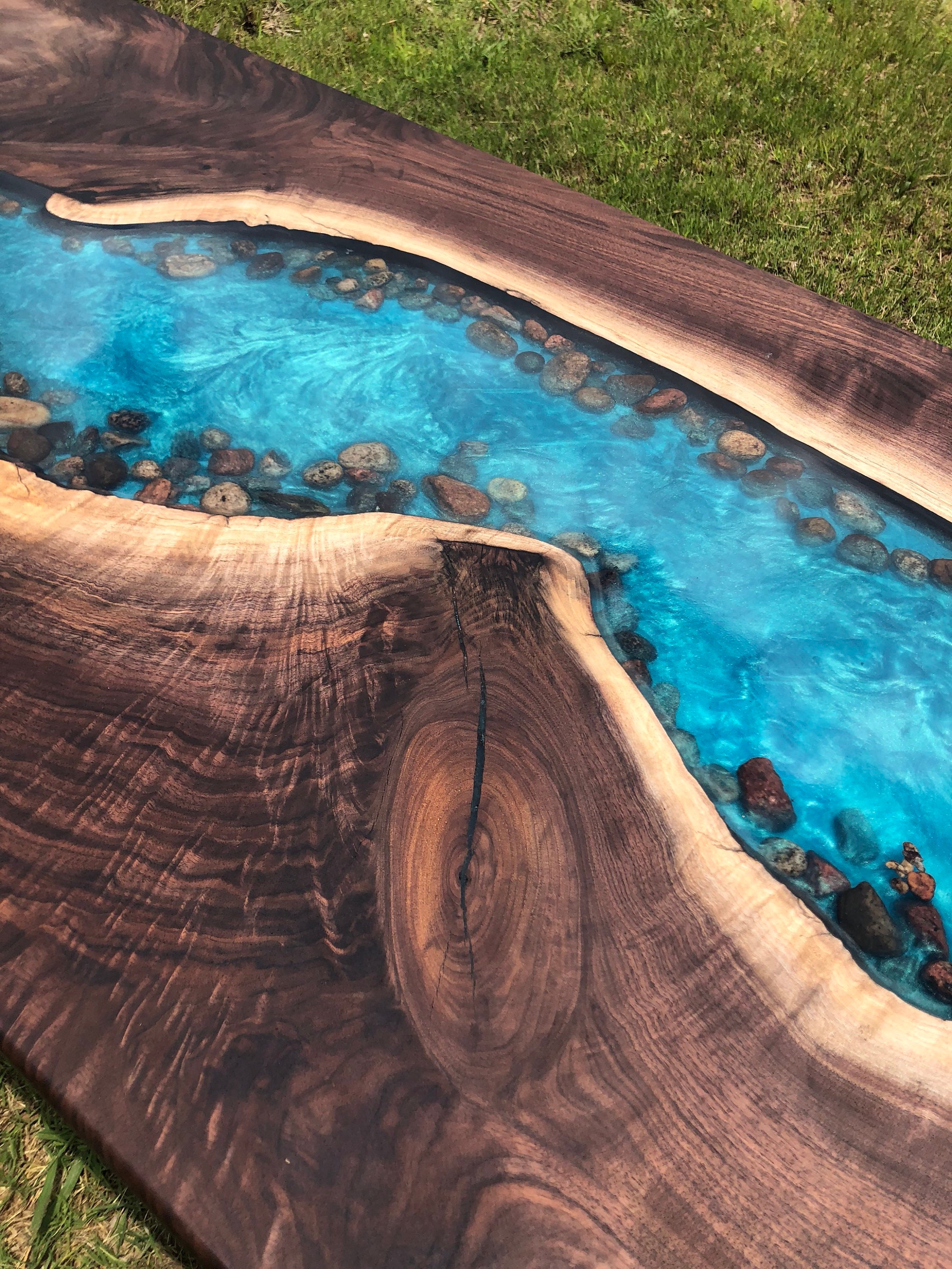 Walnut Live Edge Dining River Table With Stone and Resin - Etsy
