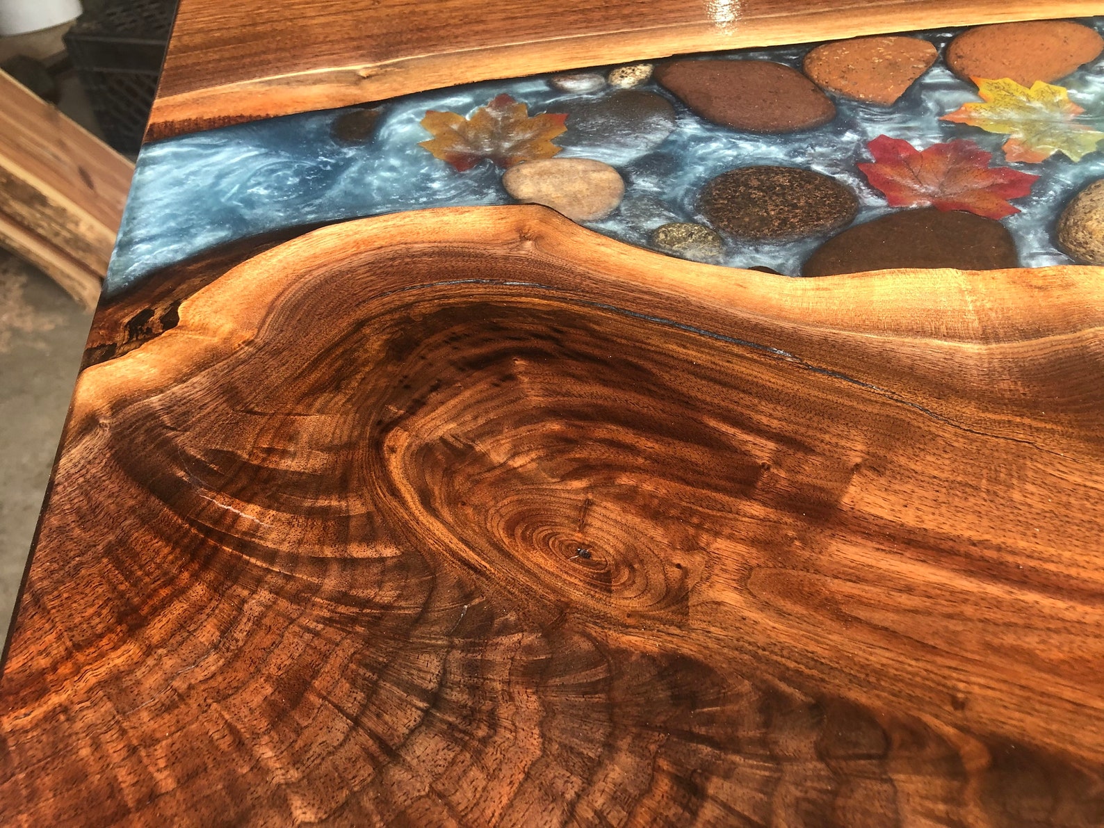 9ft Walnut Live Edge River Table With Stone and Leaves - Etsy