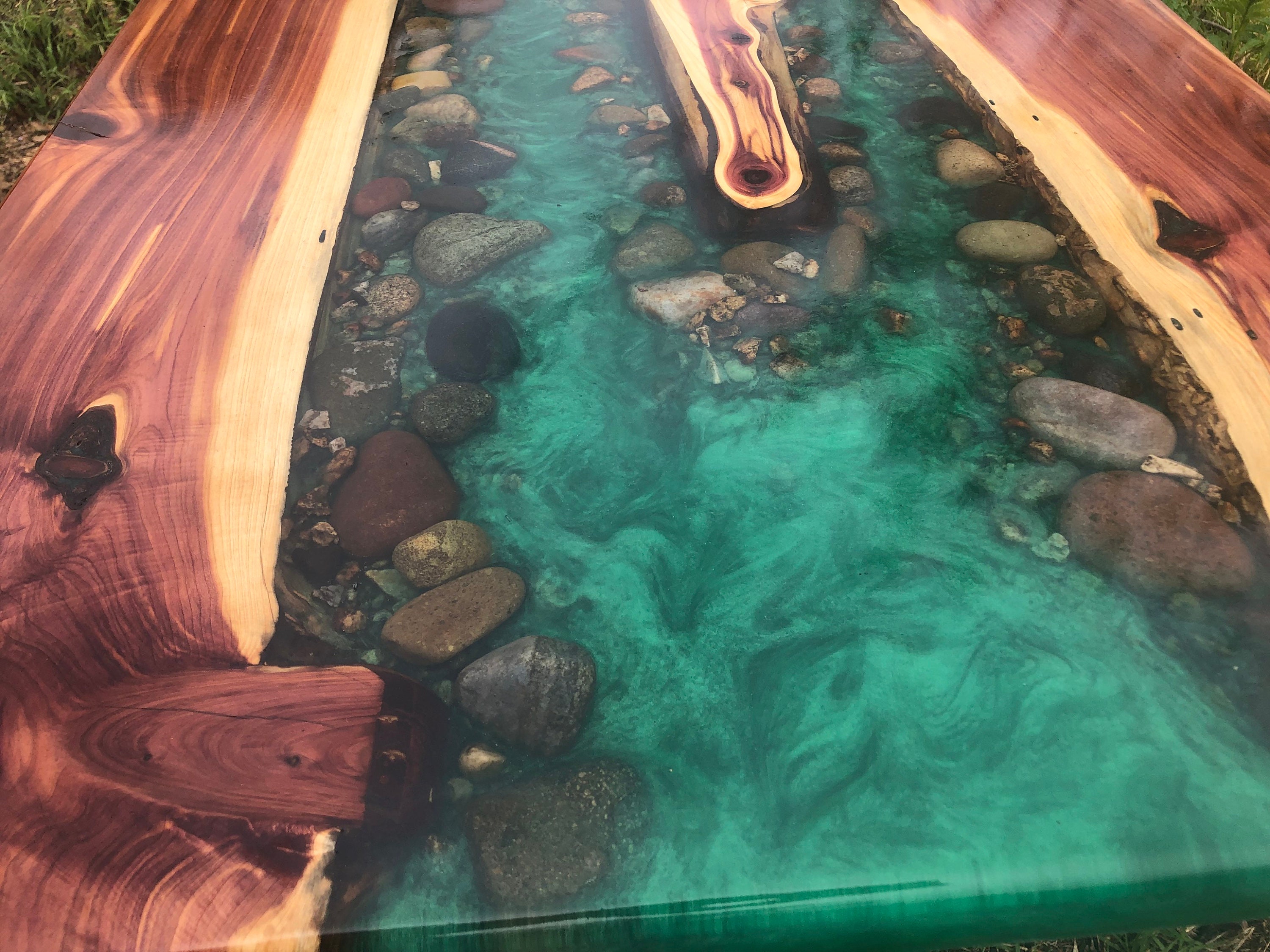 Cedar Live Edge River Table With Stone - Etsy