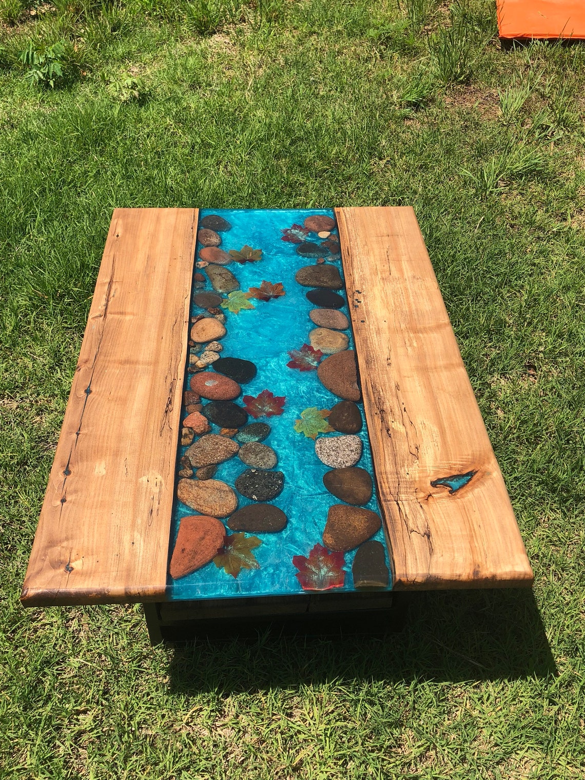 Live Edge River Table With Shelf Underneath With Stones and Leaves - Etsy