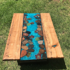 Live Edge River Table With Shelf Underneath With Stones and Leaves - Etsy