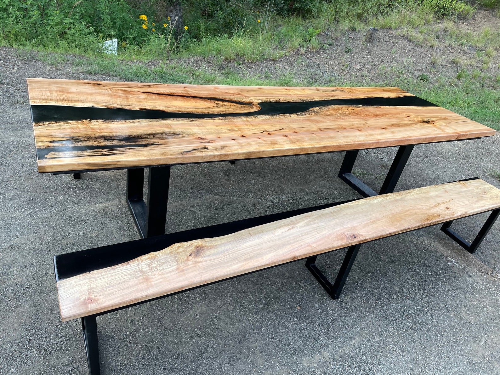 10 Ft Spalted Curly Maple Live Edge River Table With Matching Benches ...
