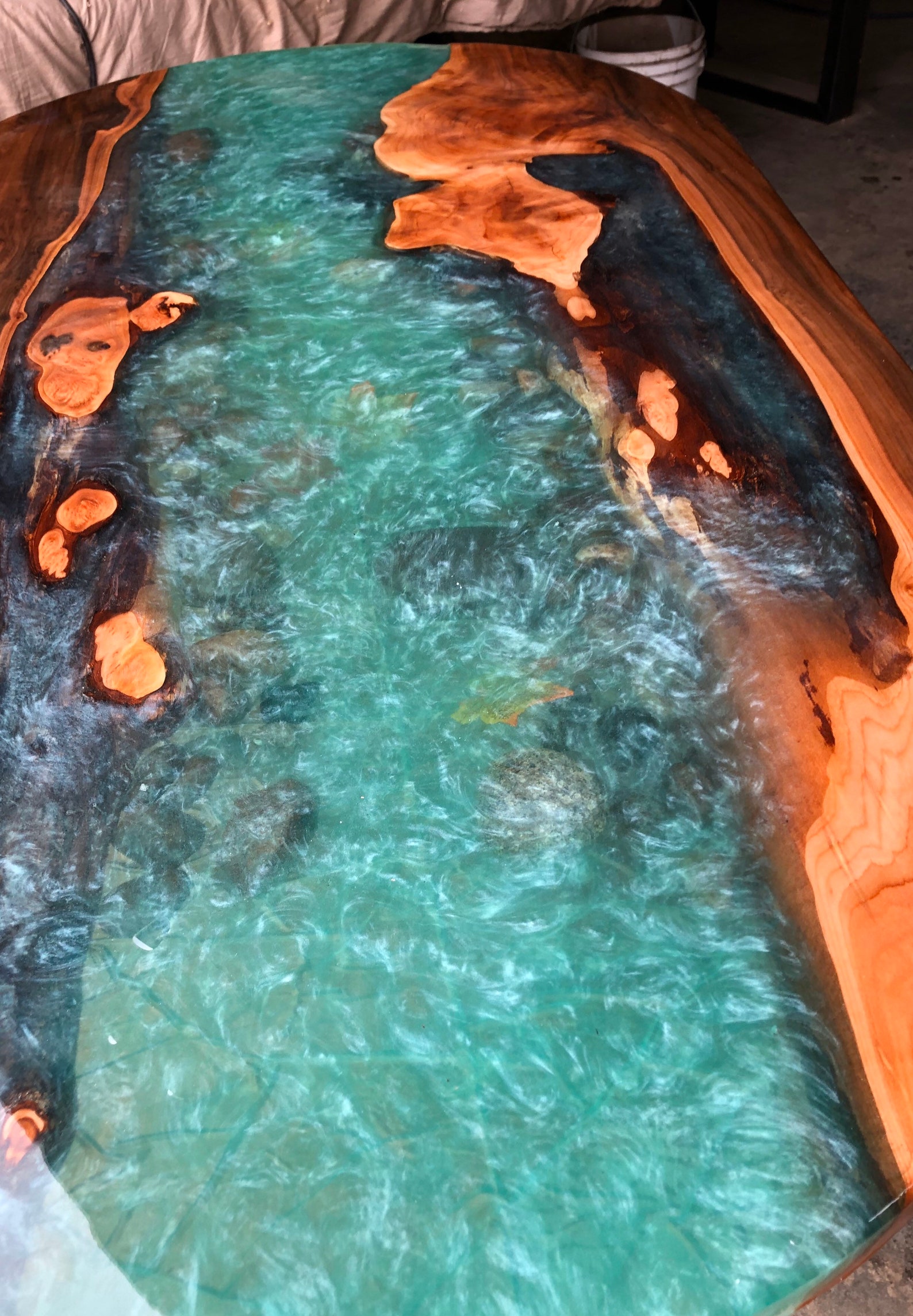 Oval Dining Table Live Edge River Table With Stone and Leaves - Etsy