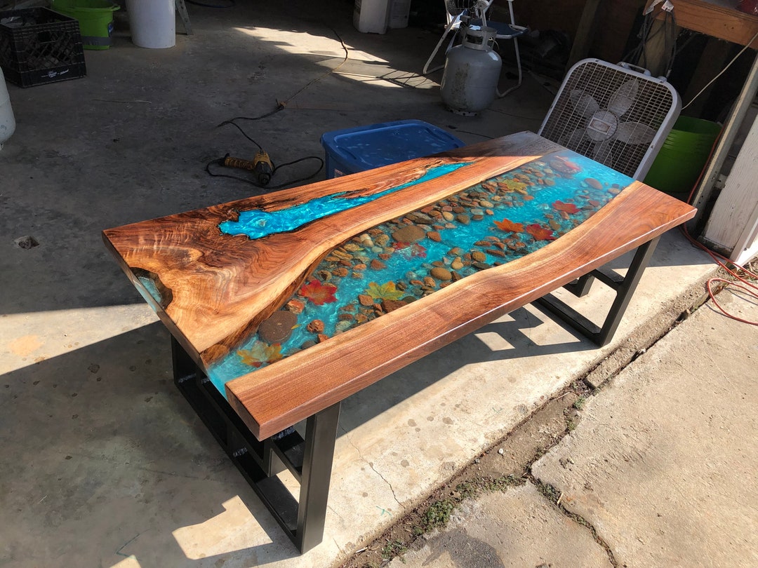 Walnut Live Edge River Table With Stone and Leaves - Etsy