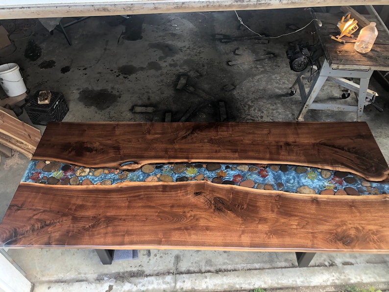 9ft Walnut Live Edge River Table With Stone and Leaves - Etsy