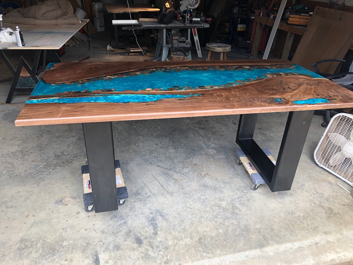 Walnut Live Edge River Table With Stone Dining Rocks - Etsy