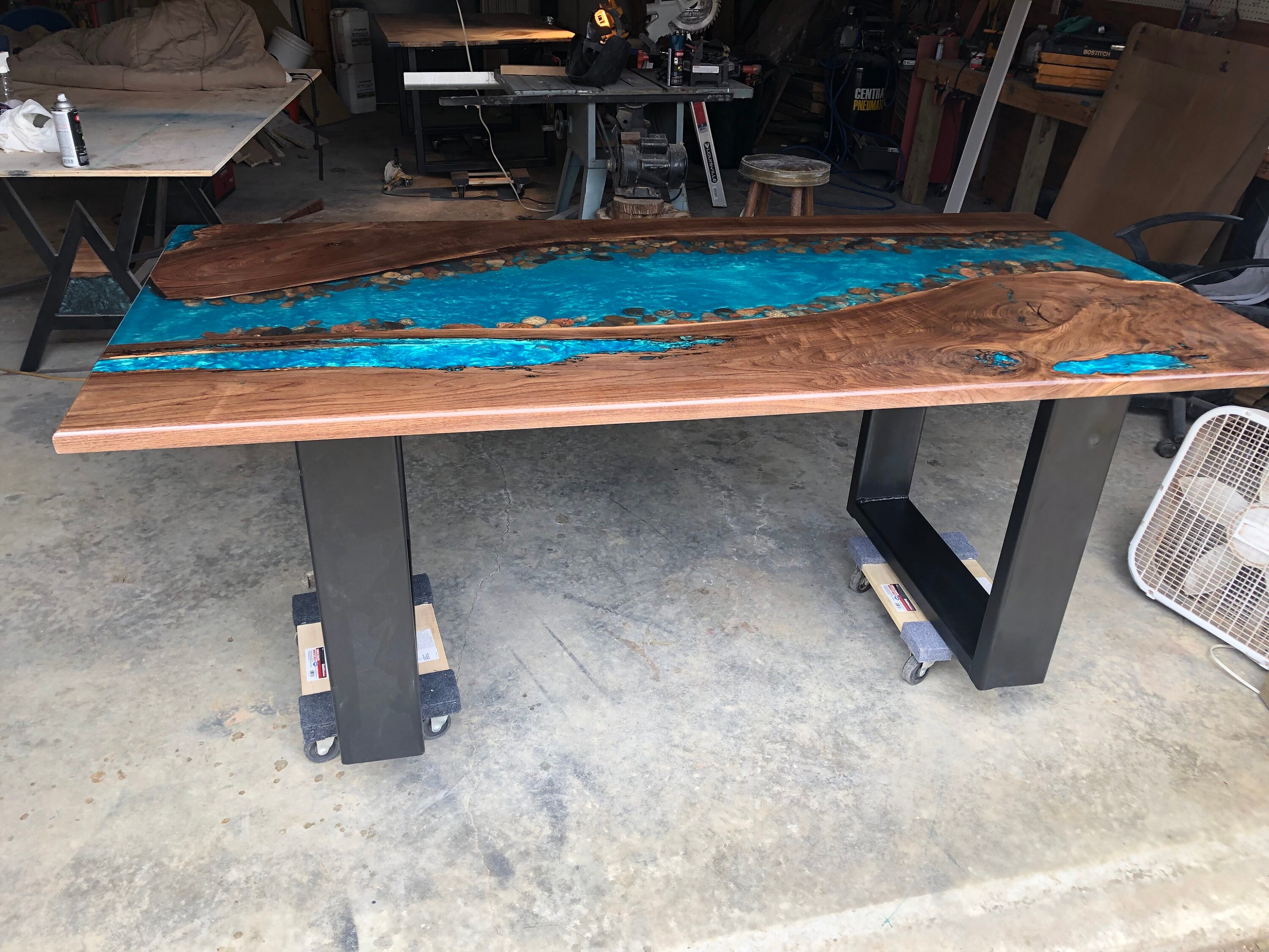 Walnut Live Edge River Table With Stone Dining Rocks - Etsy