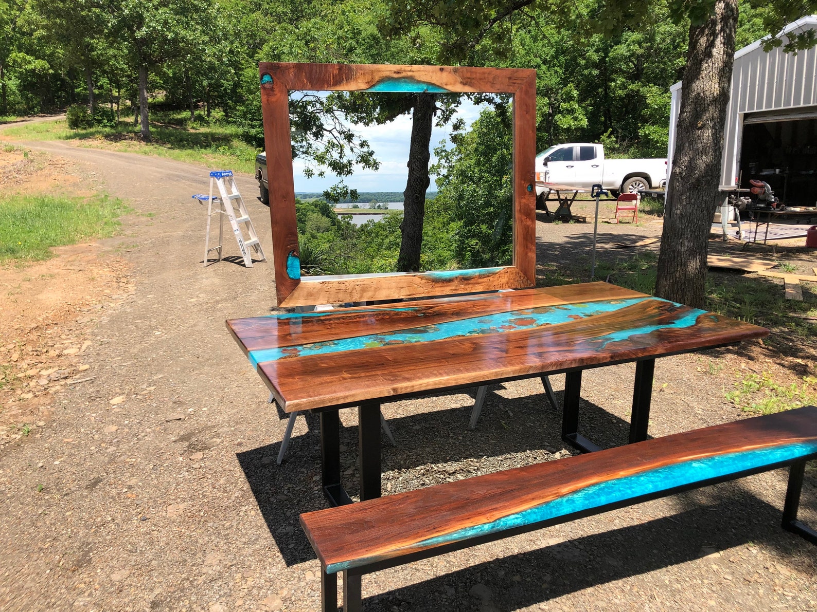 Walnut River Bench Table Mirror Set Live Edge - Etsy
