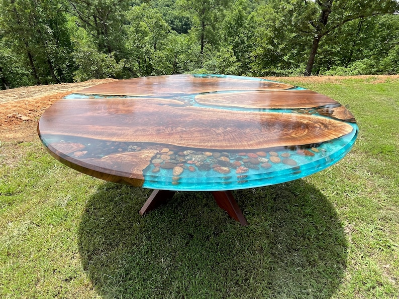 Stunning Large Round River Table With Stone Rock Live Edge Dining - Etsy