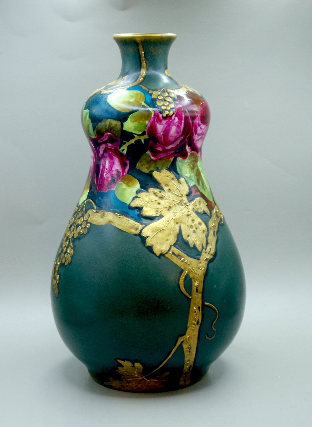 Turn Teplitz Julius Dressler Large ART NOUVEAU Gilded Roses Signed VASE ...