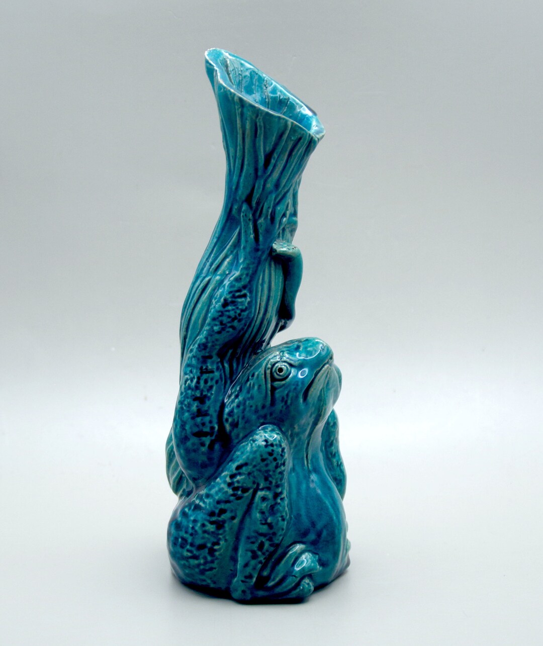 JAPANESE Blue Glazed AWAJI Pottery GROTESQUE Frog Gourd Shape Meiji ...
