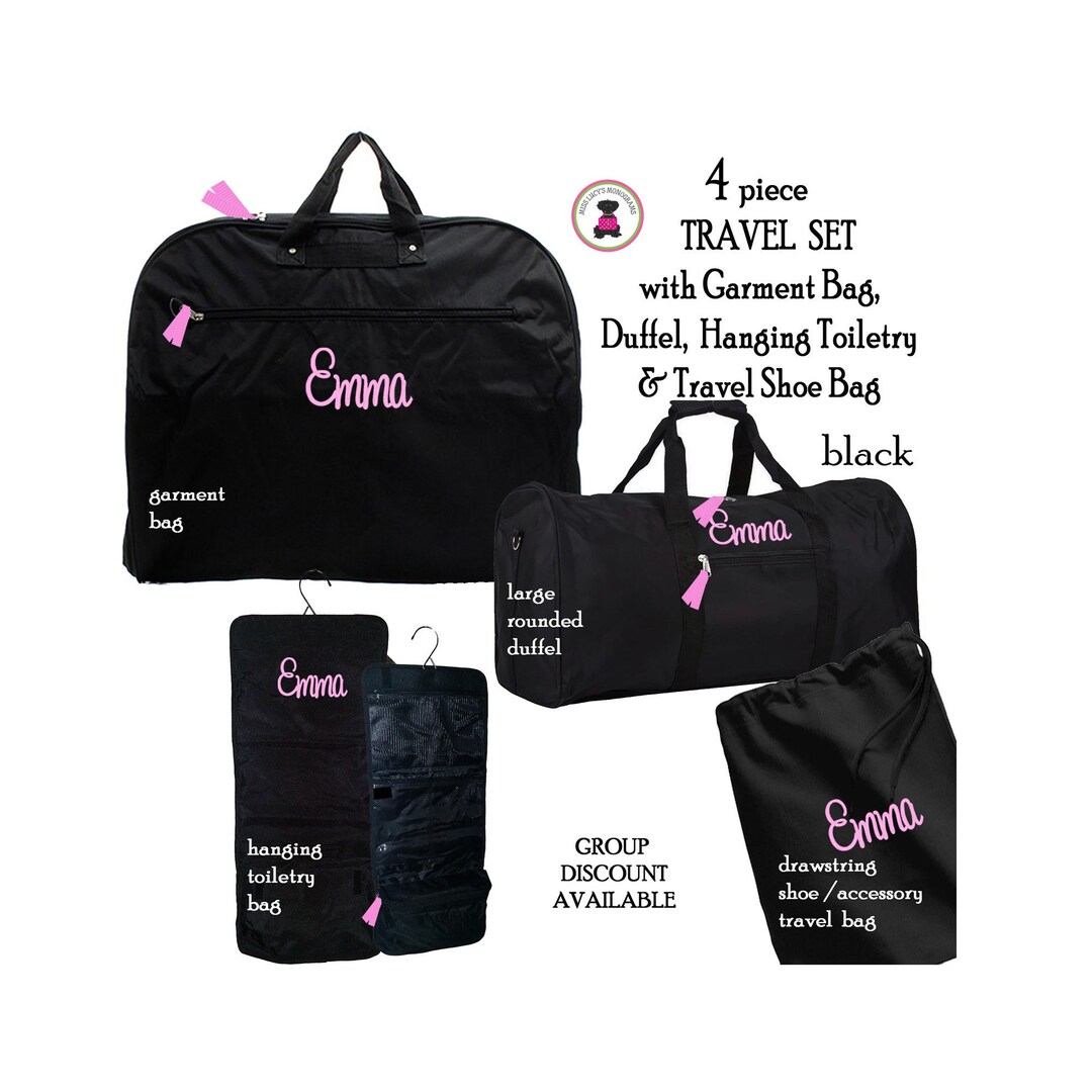 4 Piece Travel Set W Garment Bag & Monogram FOR Her-black.free Ship ...