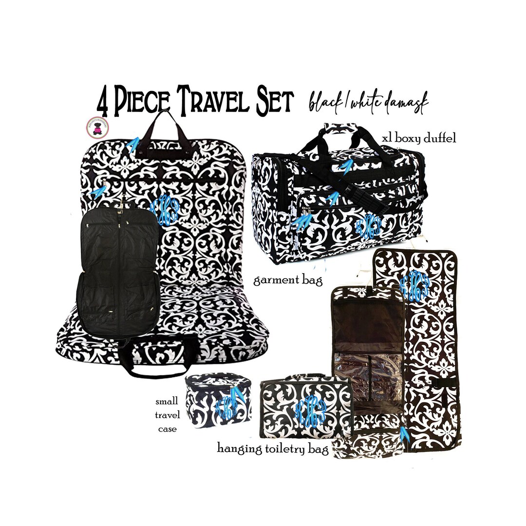 4 Piece Travel Set With Monogram-xl Boxy Duffel-black/white Damask-free ...