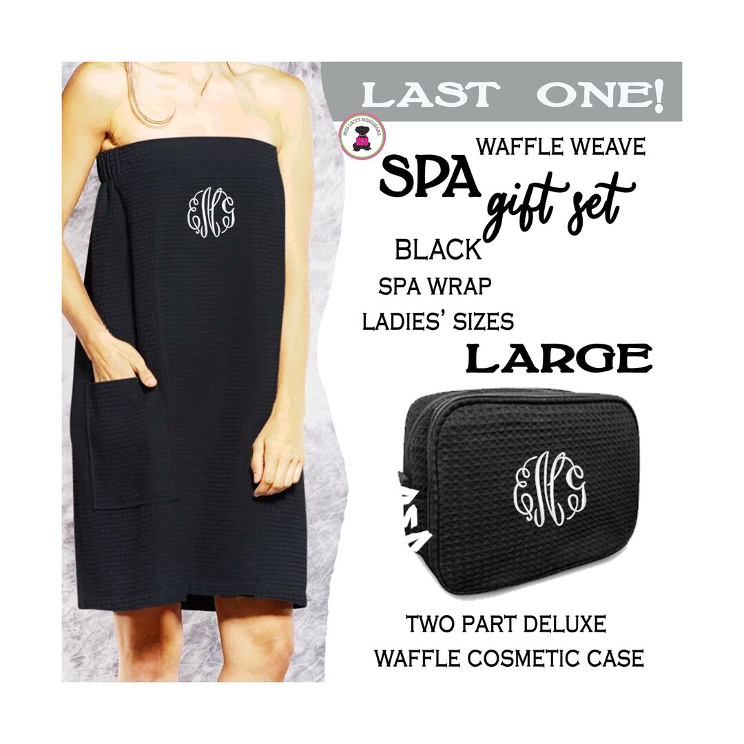 Spa Gift Set W Monogram-large Spa Wrap BLACK & Matching Waffle Cosmetic ...