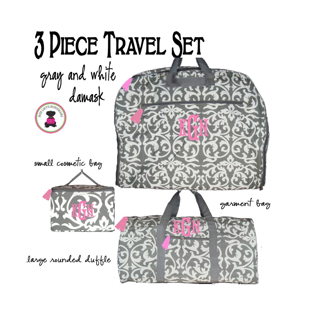 FOR HER Monogrammed 3 Piece Deluxe Travel Set With Garment Bag-gray ...
