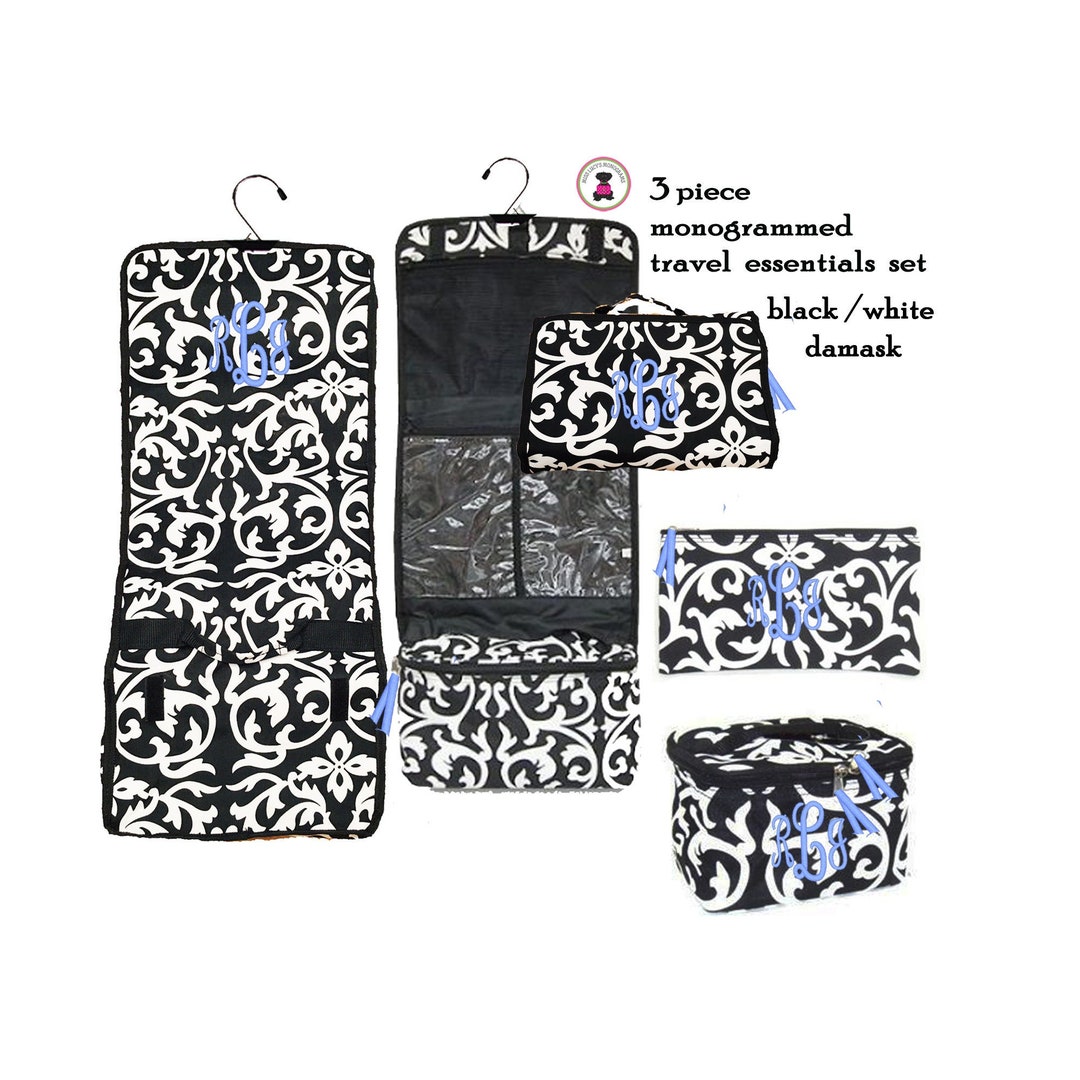 3 Piece Travel Essentials Set W Monogram FOR Her-black/white Damask ...