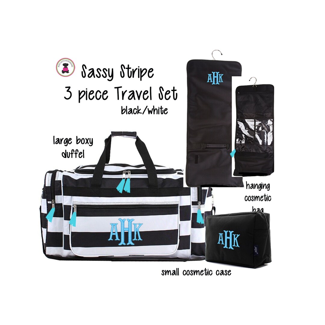 3 Piece Stripe Weekender Set W Monogram-black/white-free Ship.weekend ...
