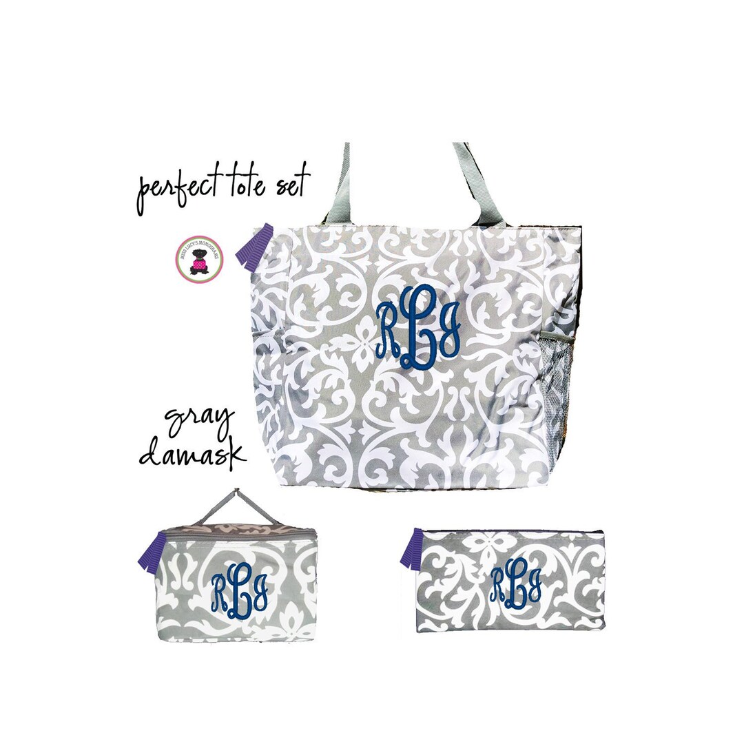 Perfect Tote Travel Set-3 Piece With Monogram-gray/white Damask-free ...