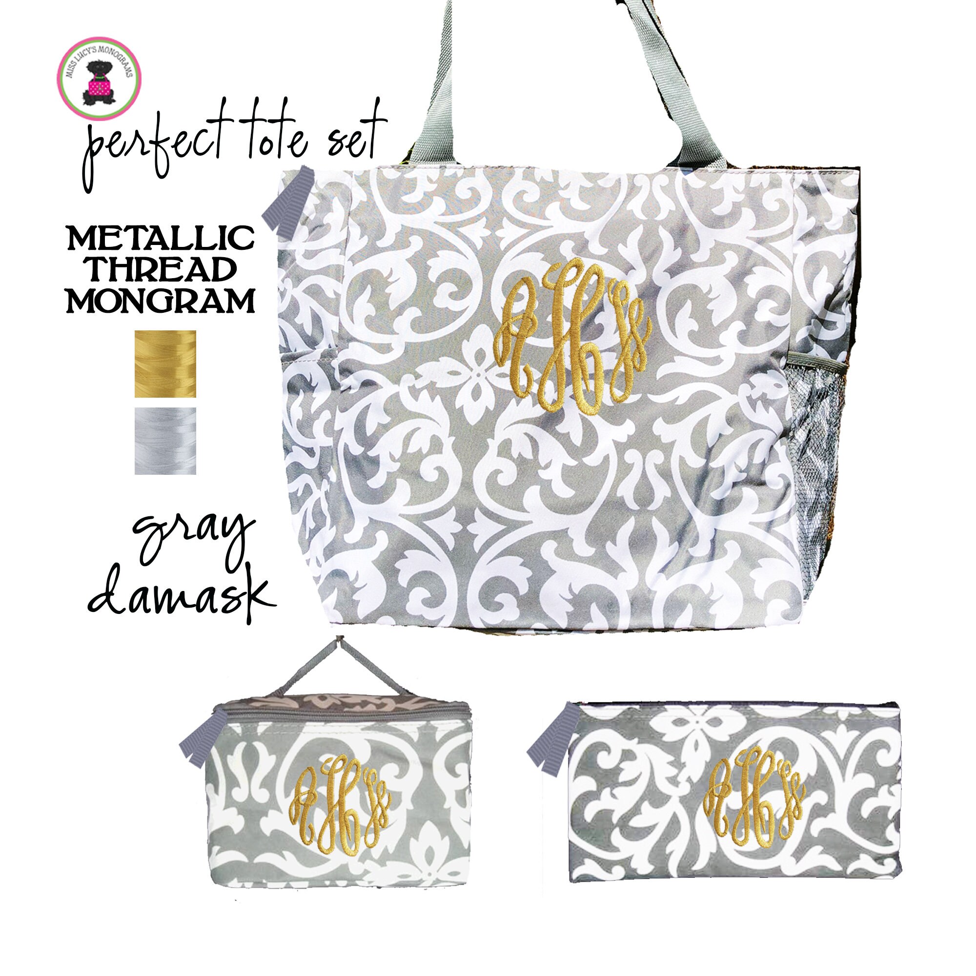 METALLIC THREAD Monogrammed Perfect Tote Travel Set-gray and | Etsy