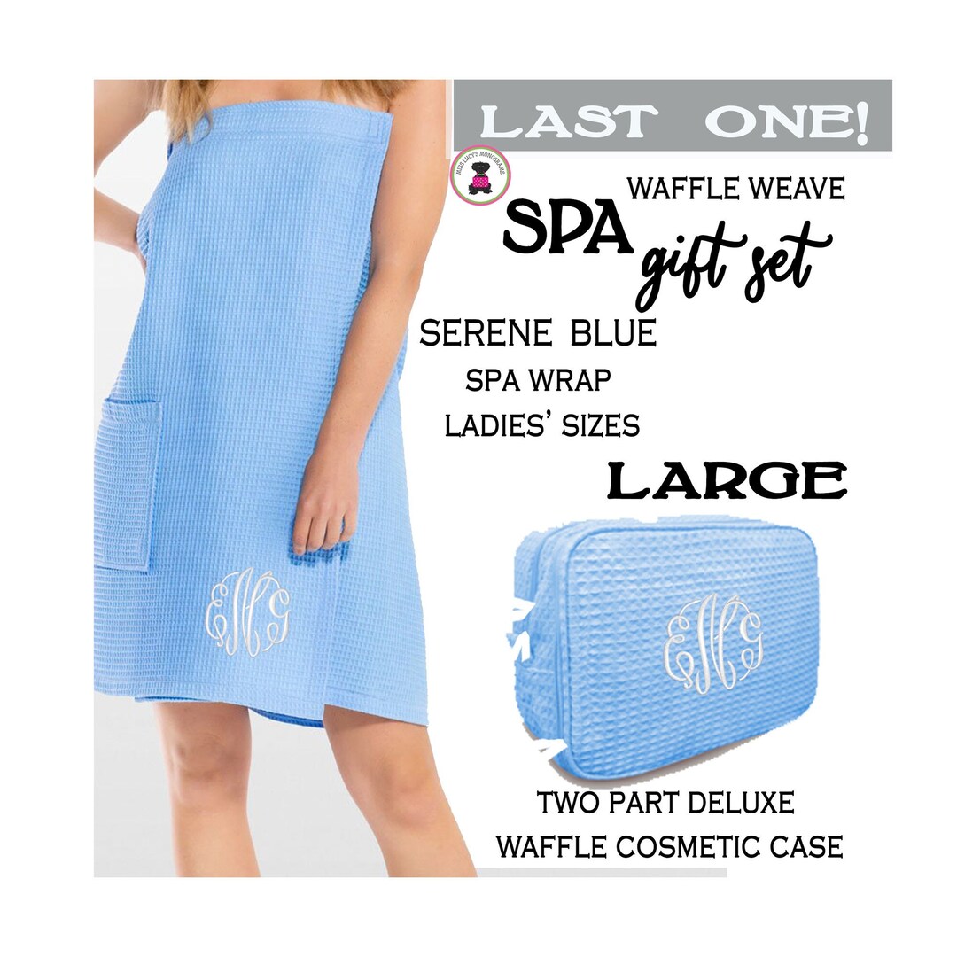 Spa Gift Set W Monogram-large Spa Wrap SERENE BLUE & Matching Waffle ...