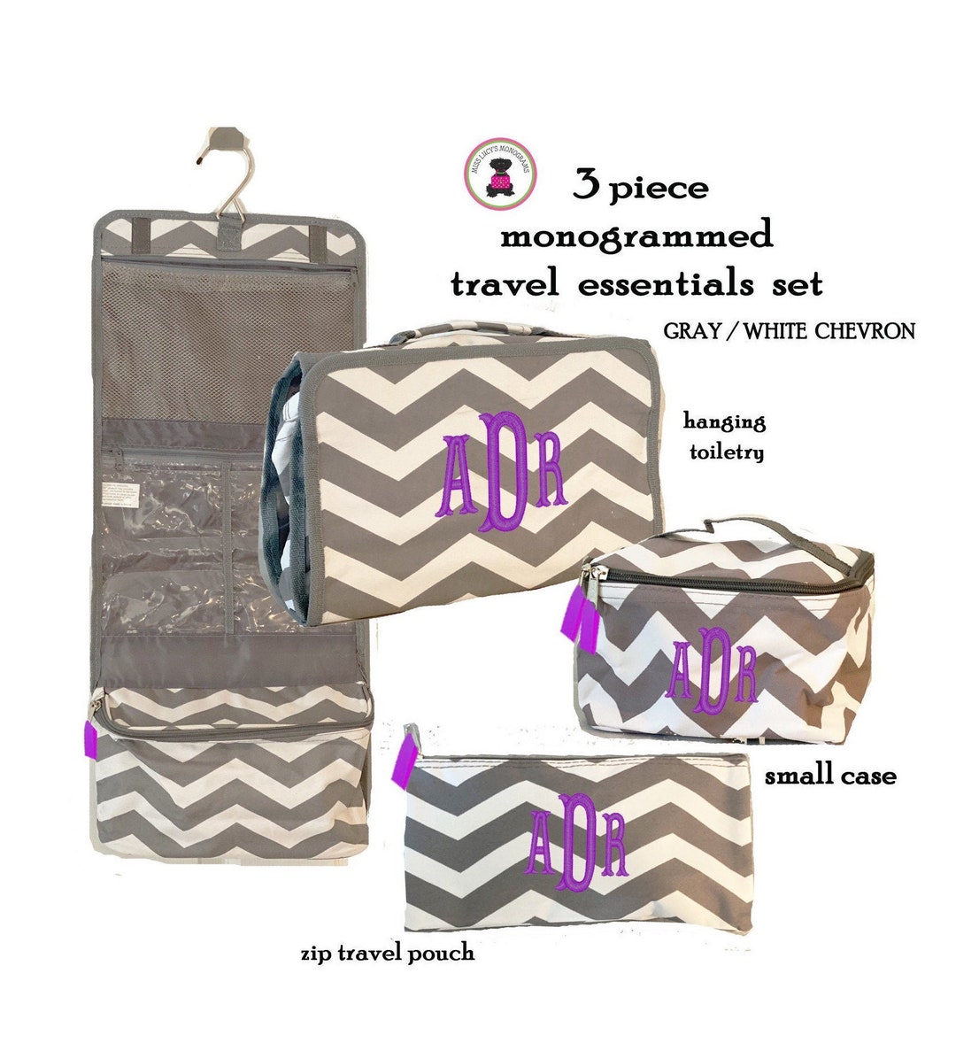 Gray/white 3 Piece Travel Essentials Set W Monogram-free Ship/birthday ...