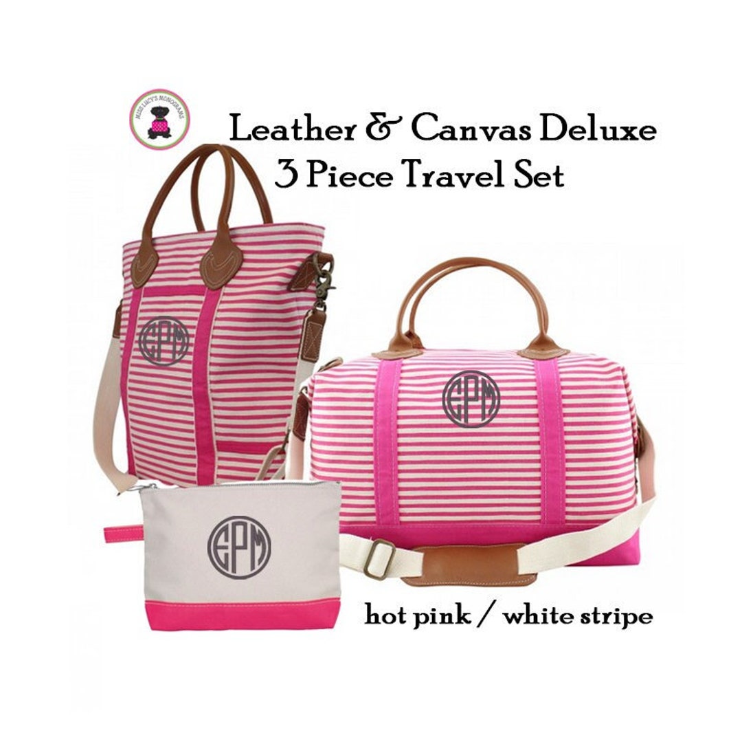 Travel Set W Monogram-hot Pink-white Stripe-leather & Canvas 3 Piece ...