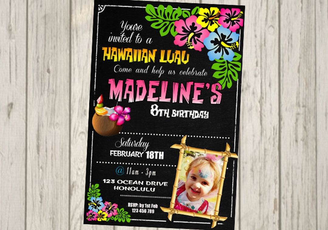 HAWAIIAN LUAU Invitation Girl Boy Hawaii Bithday Tiki Party Invite ...