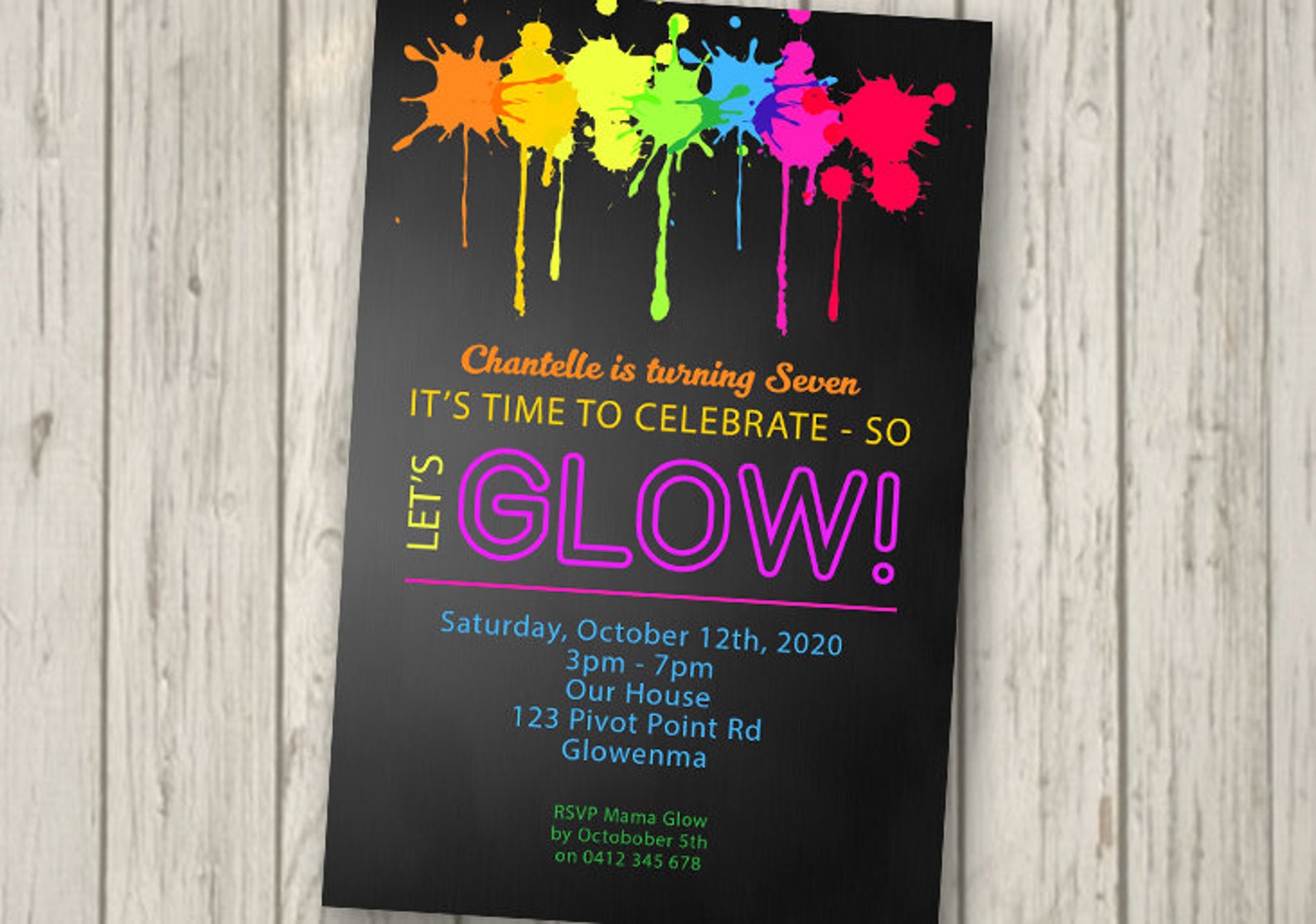 Glow Invitation Glow Party Birthday Invite Personalised Boys or Girls ...