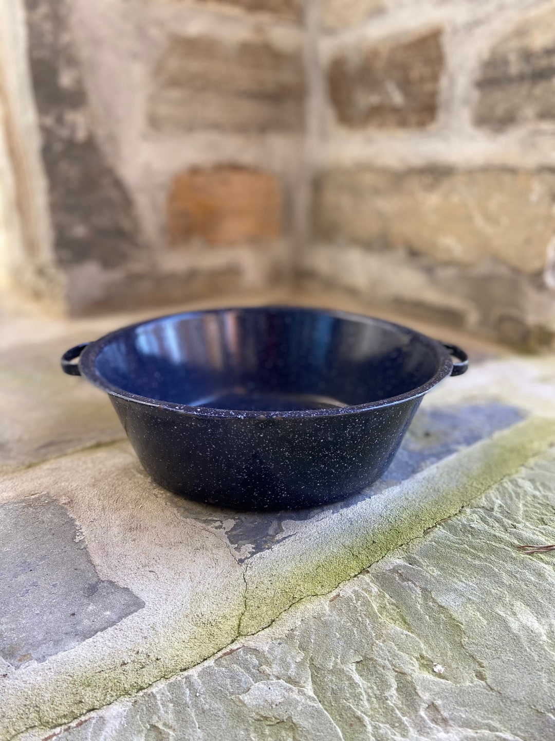 Vintage Navy Blue Spatterware Enamelware Bowl Pan With Handles, Vintage ...