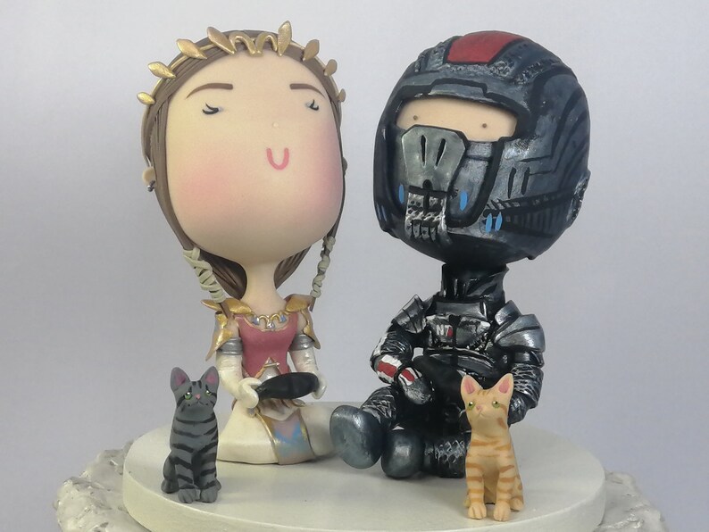Geek Wedding Cake Topper Gamer Couple Players With Pets Cats - Etsy