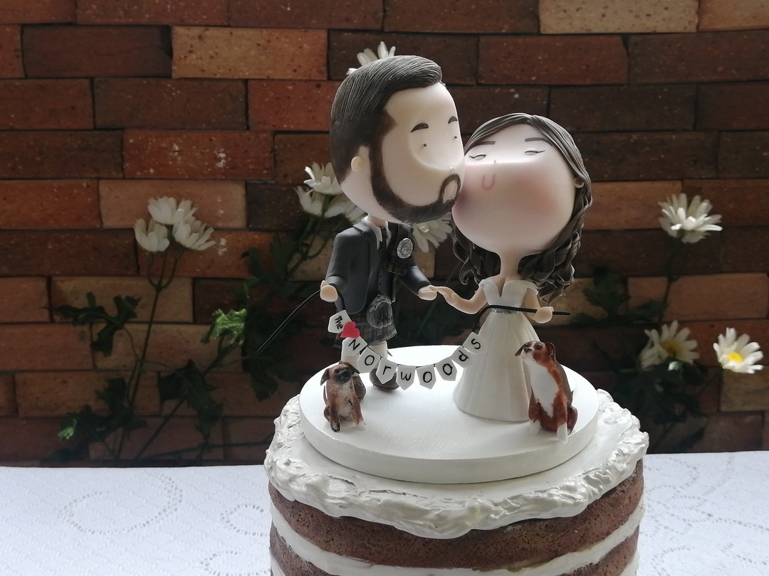 A Cheeky Scottish Kilt Wedding Cake Topper Couple With Pets Dogs ...