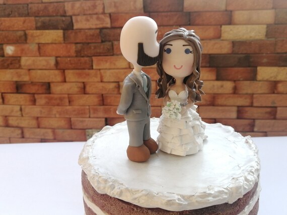 Chibi Wedding Cake Topper Couple Brown Hair Bride With - Etsy