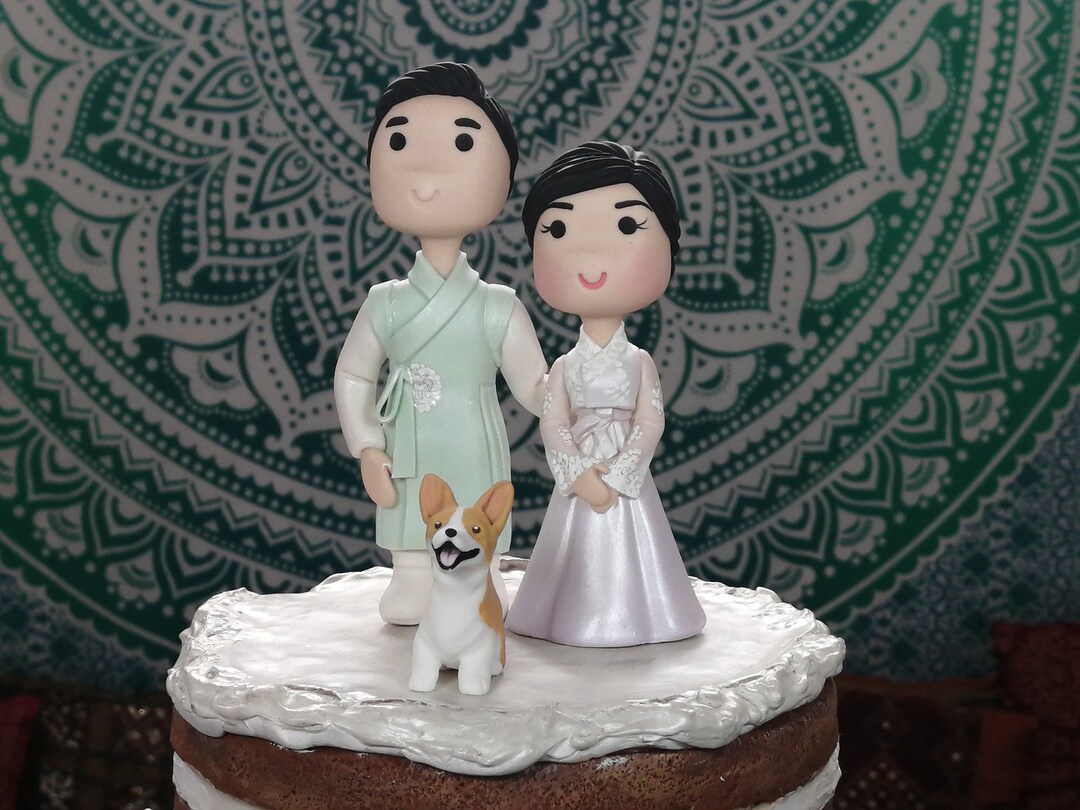 Custom Traditional Wedding Cake Topper Figurines With Hanbok and Pet ...