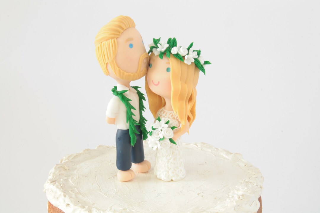 Chibi Wedding Cake Topper Hawaiian Theme Anime Couple Bride and Groom ...