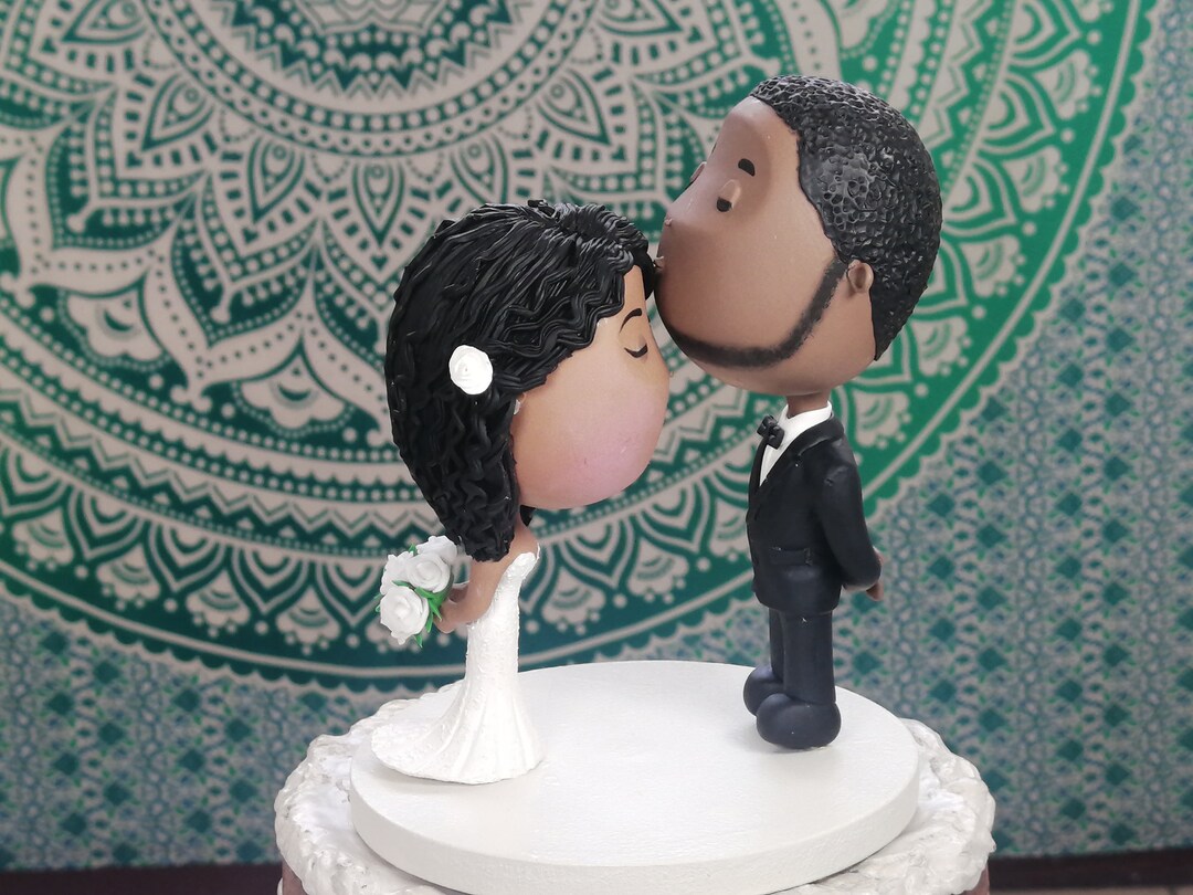 Groom Full Beard & Bride Crown of Flowers Wedding Cake Topper Kissing ...
