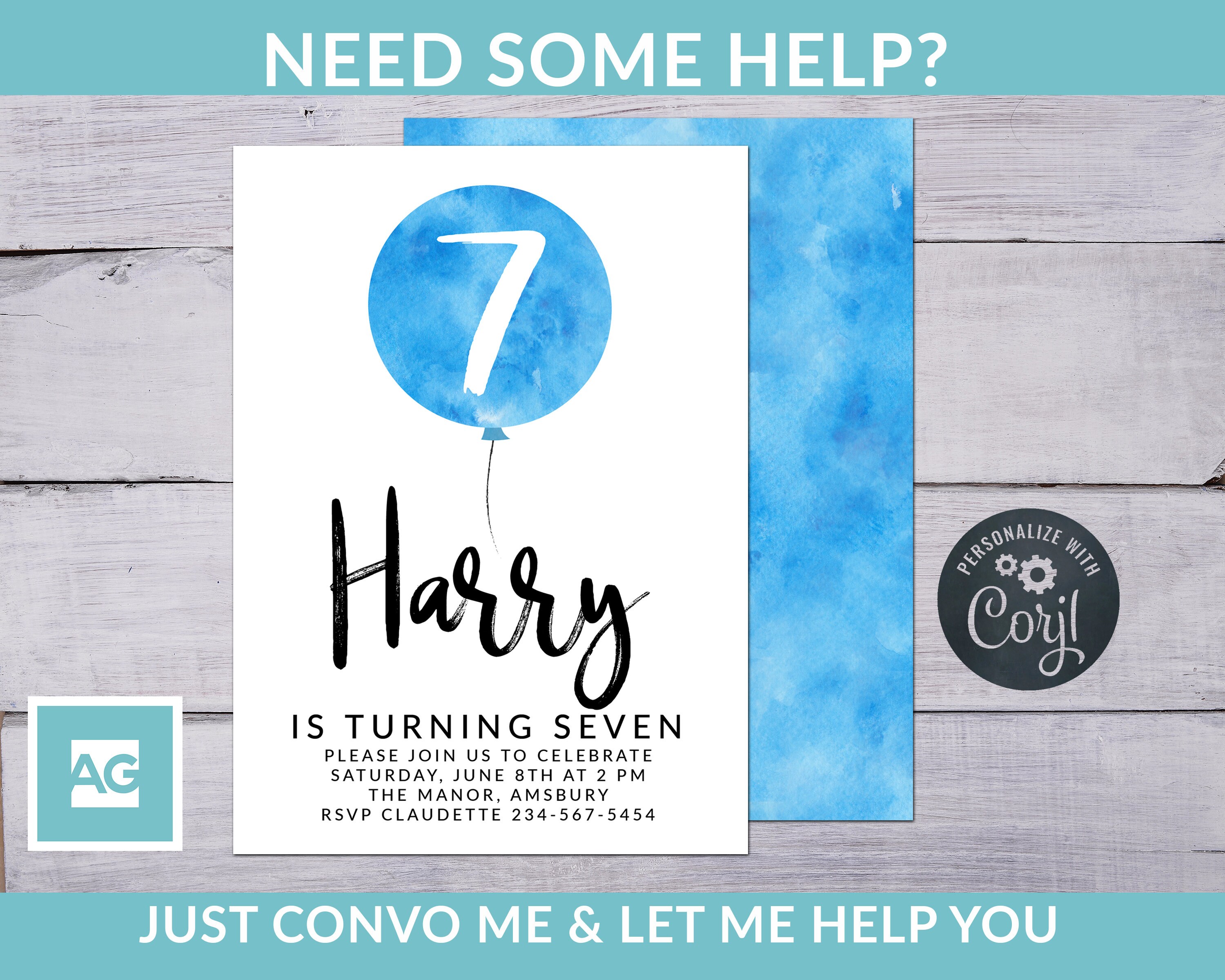 Blue Balloon Invite Boy's Birthday Invitations INSTANT - Etsy UK