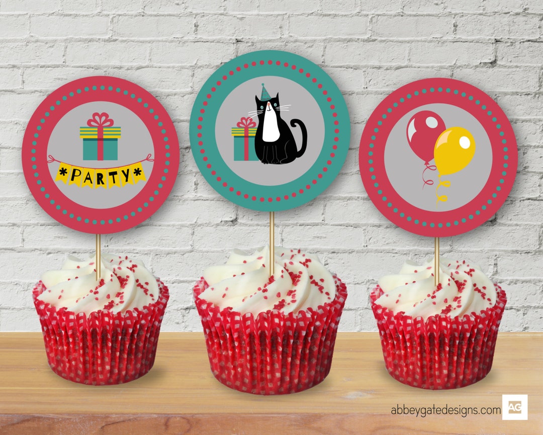 Cat Cupcake Toppers, Printable Cake Toppers, Cat Party Stickers, Red ...