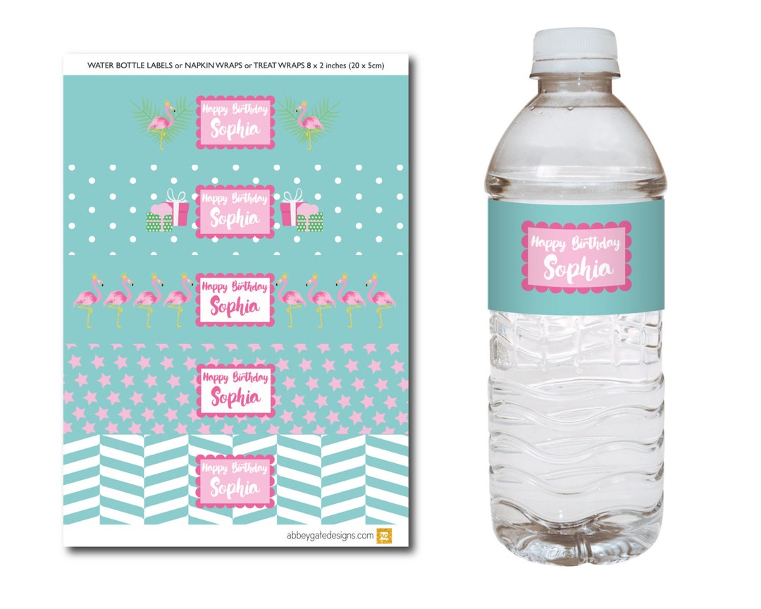 Personalised Printable Flamingo Water Bottle Labels, Turquoise Bottle ...