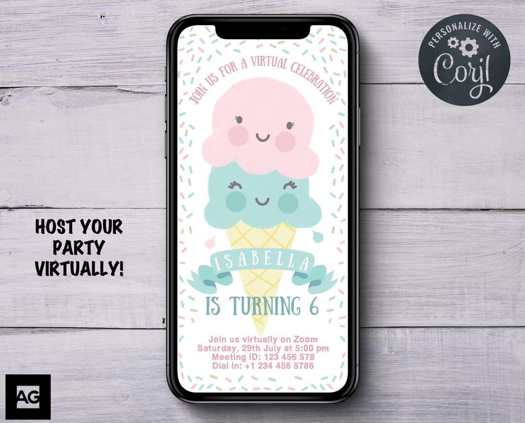 Zoom Ice Cream Birthday Quarantine Party Invites Virtual Ice - Etsy