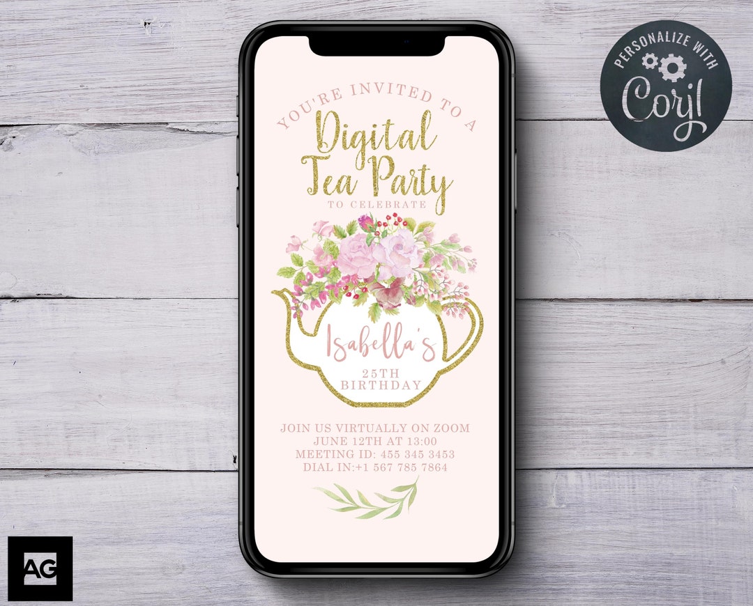 Social Distancing Digital Tea Party Invite, Virtual Tea Party Invites ...