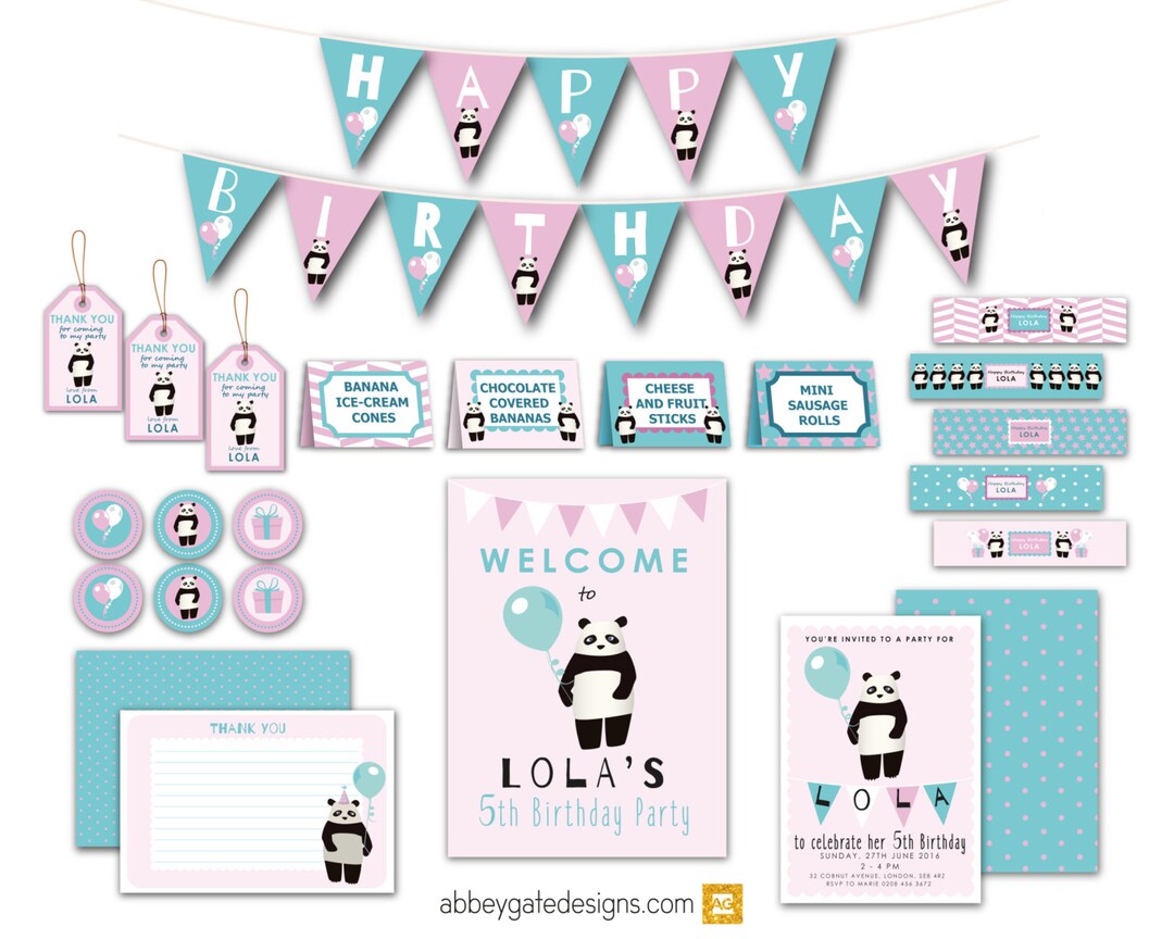 Panda Birthday Kit, Personalised Party Bundle, Printable Panda Party ...
