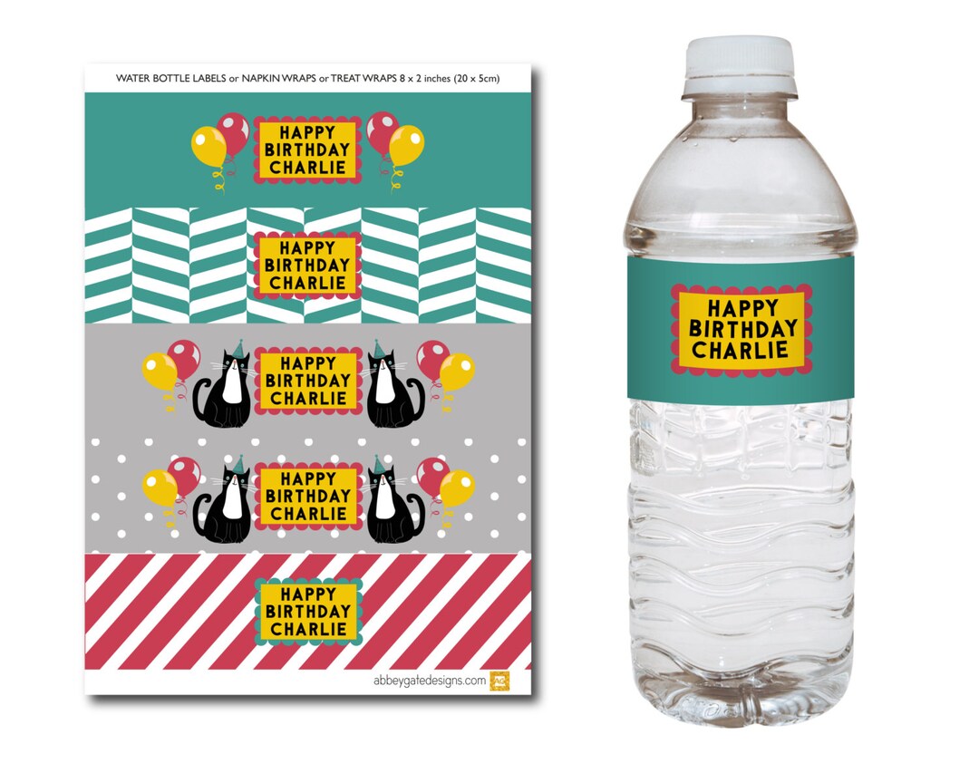 Personalised Printable Cat Water Bottle Labels, Green and Red Bottle ...