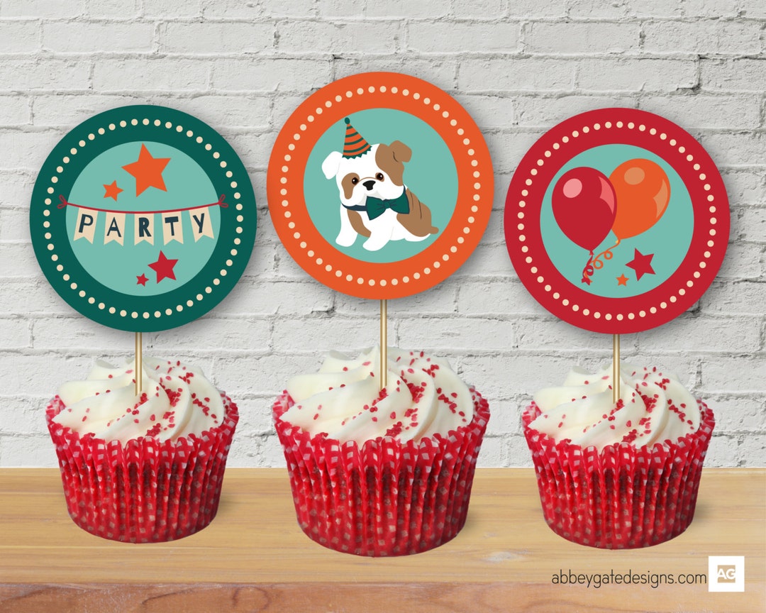 Bulldog Cupcake Toppers, Printable Cake Toppers, Bulldog Party Stickers ...