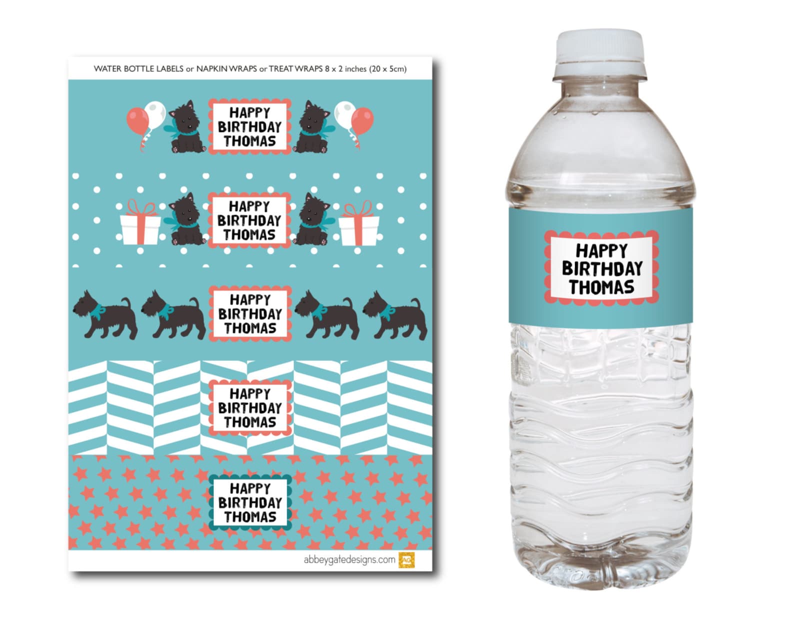 Personalised Printable Cute Dog Water Bottle Labels, Blue Bottle Labels ...