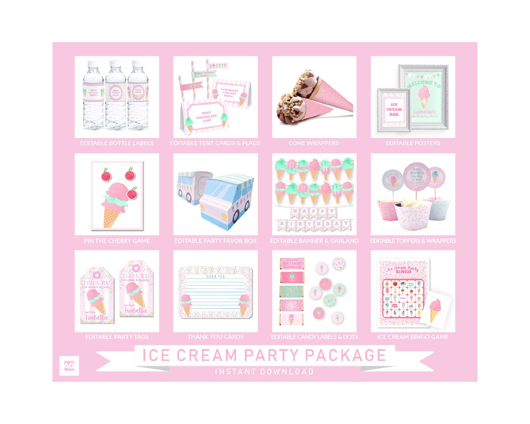 Ice Cream Party Package, EDITABLE INSTANT DOWNLOAD, Ice Cream Birthday ...