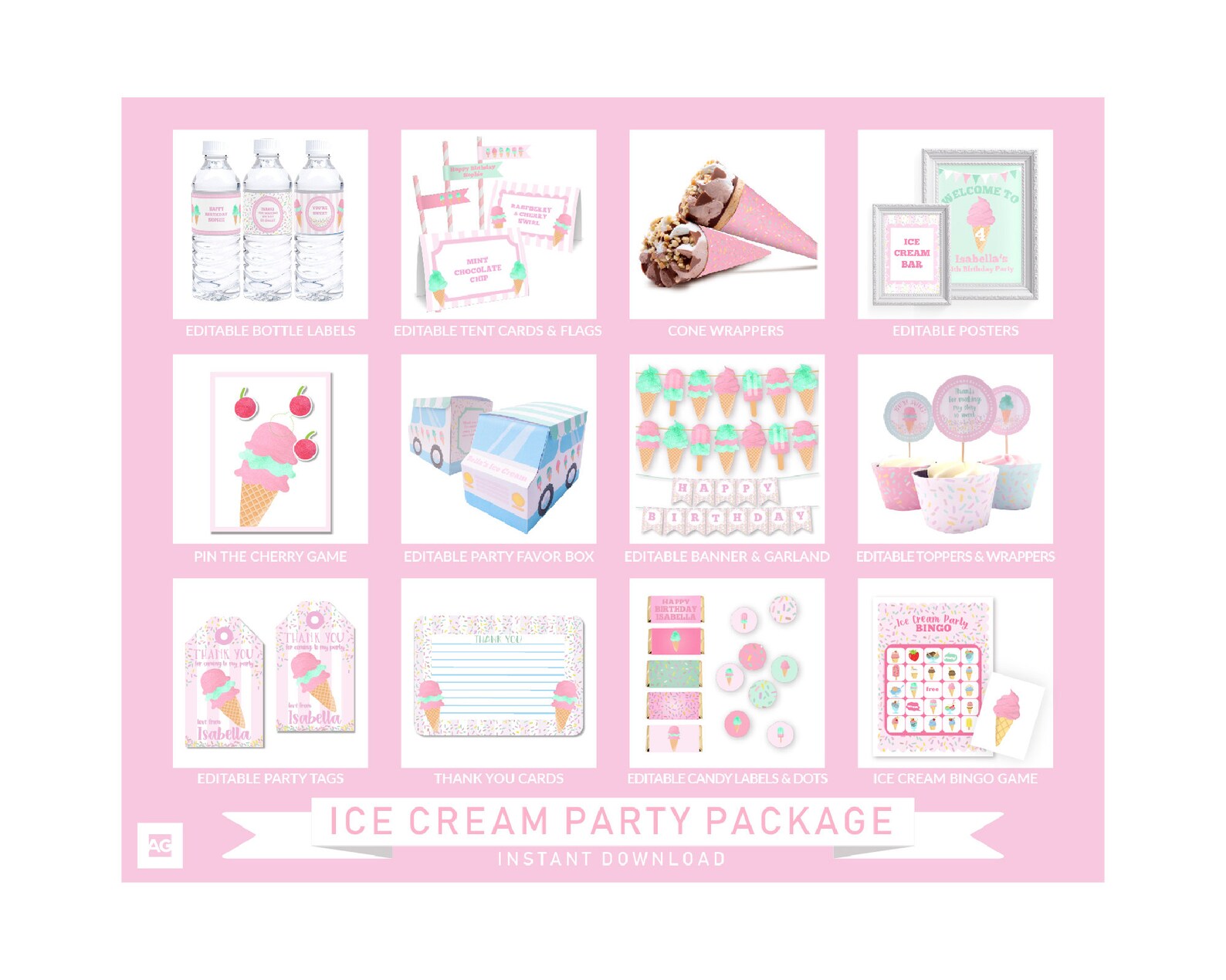 Ice Cream Party Package EDITABLE INSTANT DOWNLOAD Ice Cream | Etsy UK